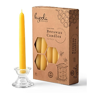 Hyoola 7 Inch Beeswax Taper Candles 12 Pack - Handmade, All Natural, 100% Pure Unscented Bee Wax Candle - Tall, Decorative, Golden Yellow - 7 Hour Burn Time