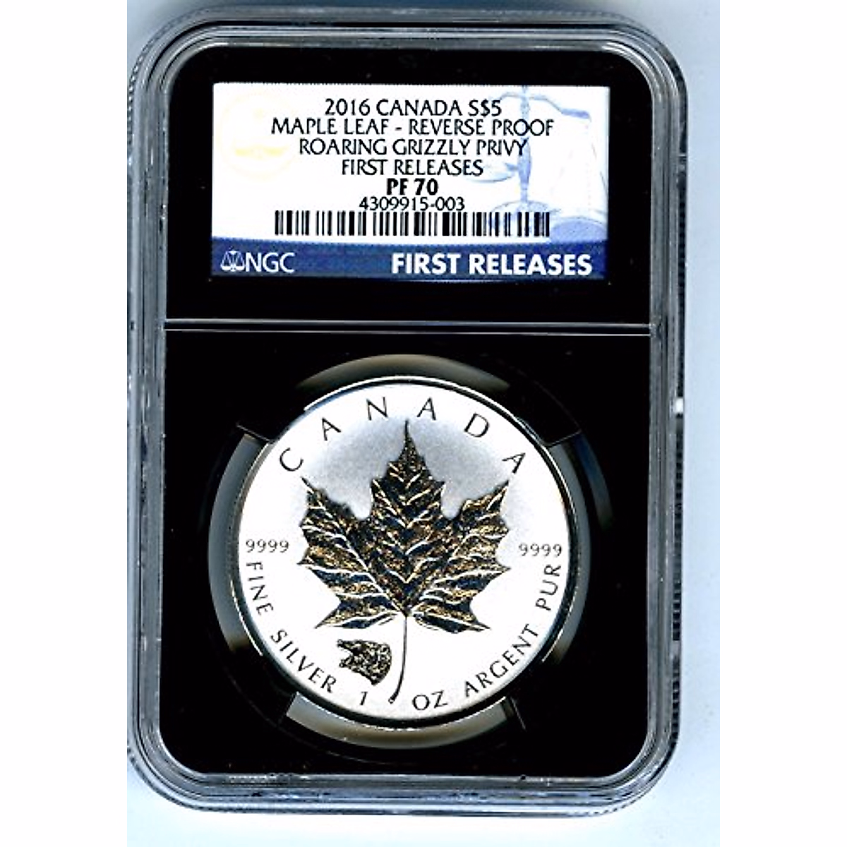 2016 Canada Coin Canadian Silver Maple Leaf Reverse Proof ROARING GRIZZLY Privy FIRST RELEASES $5 PF70 NGC