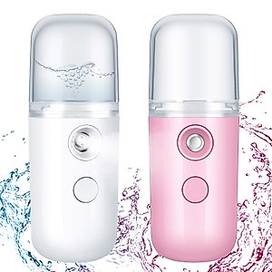 Honoson 2 Pieces Nano Facial Mister 30 ml Mini Face Humidifier Portable Facial Sprayer USB Rechargeable Handy Skin Care Machine for Face Hydrating, Daily Makeup (Dark Pink and White)