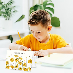 Whaline 24Pcs Floral Thank You Cards Flower Blank Greeting Cards Yellow Calliopsis Bee Note Cards with Envelopes Adhesive Stickers for Wedding Birthday Baby Shower Party Supplies, 4 x 6 Inch