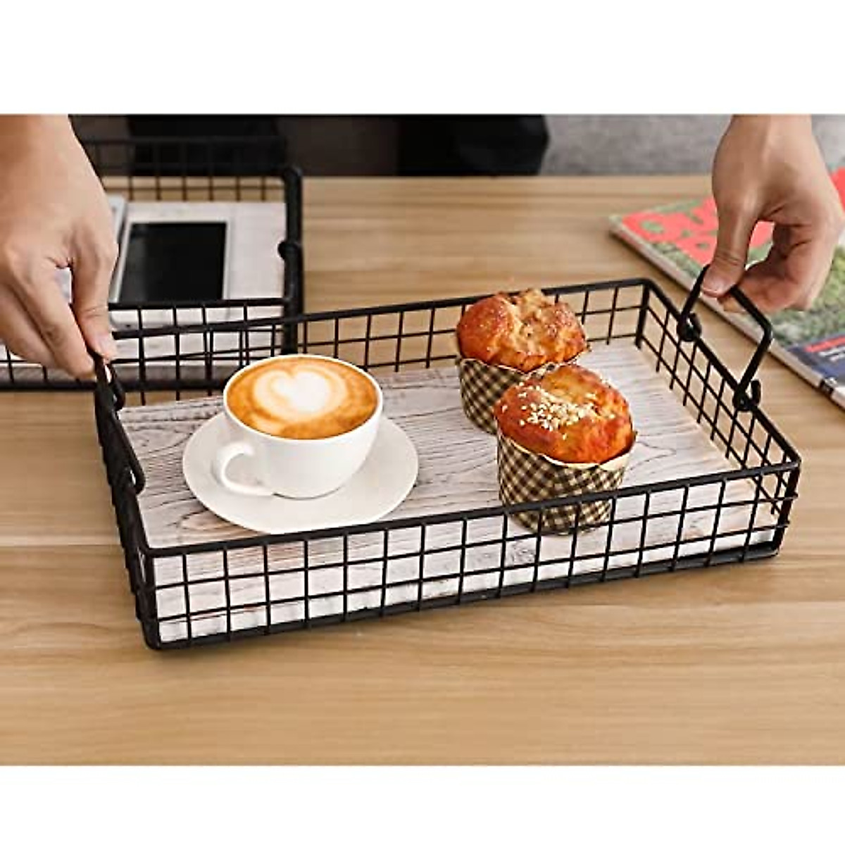 MyGift Black Metal Wire and Whitewashed Wood Decorative Tray with Handles, Nesting Storage Organizer Basket Trays, Set of 2