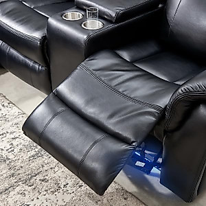 ERYE Sectional Sofa PU Leather Upholstered Corner Couch with 2 Manual Reclining Motion Chaise, Black led Light Strip