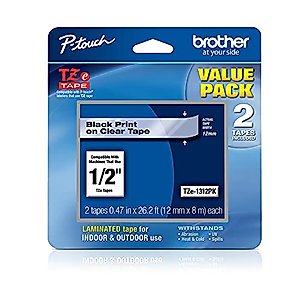 Brother Genuine P-touch TZE-1312PK Tape, 1/2" (0.47") Standard Laminated P-touch Tape, Black on Clear, Perfect for Indoor or Outdoor Use, Water Resistant, 26.2 Feet (8M) each, Two-Pack