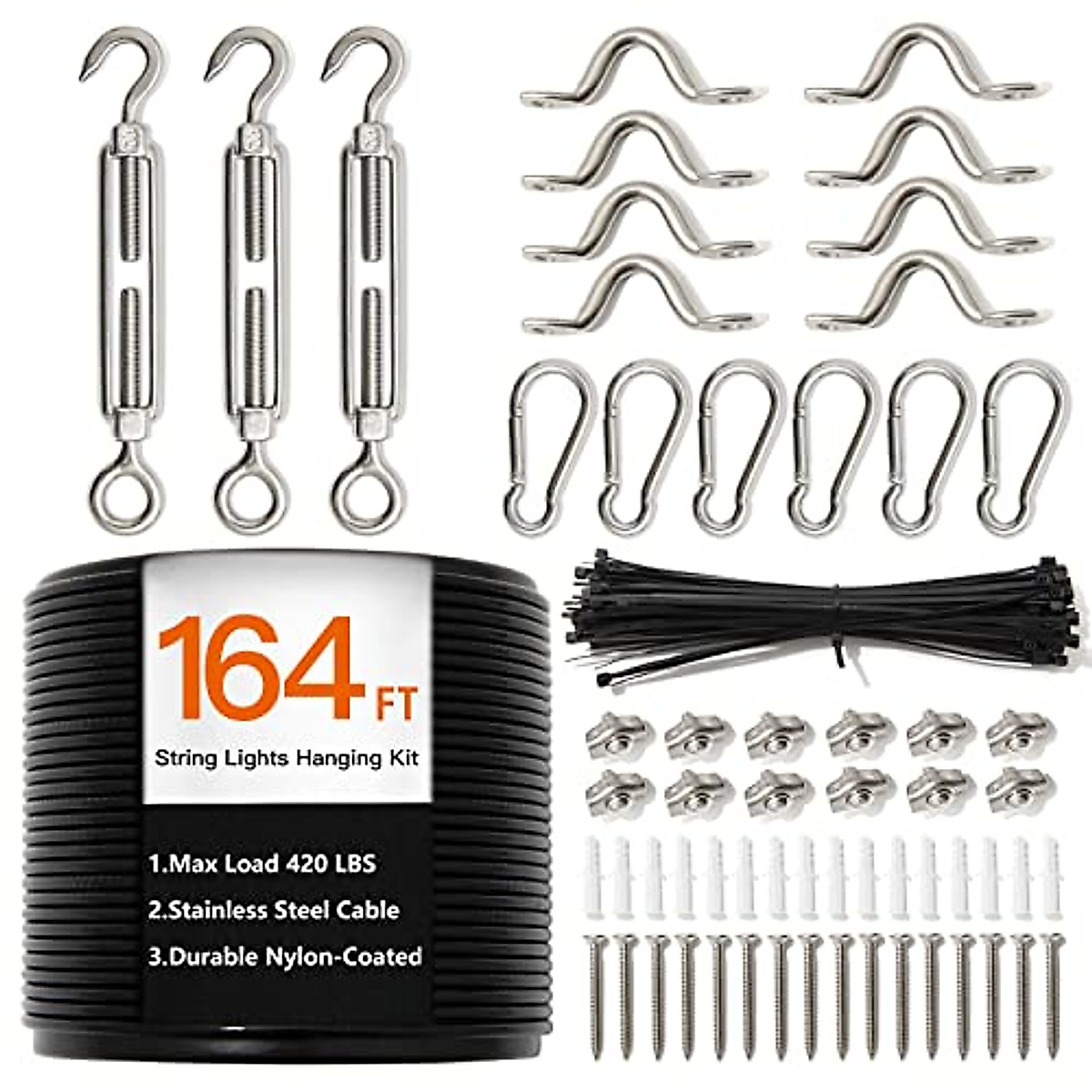 addlon - 164 FT Nylon Coated Stainless Steel Cable Hanging Kit for Outdoor String Lights, Stainless Steel Corrosion Resistant, Outdoor String Light Suspension kit Guide Wire for Patio, Garden