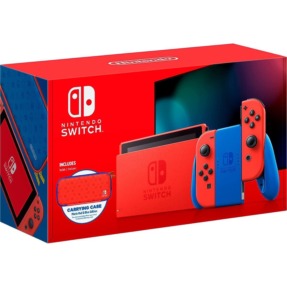 Nintendo Switch Mario Red & Blue Edition with Red Joy-Con, Blue Dock - 6.2" Touchscreen LCD Display, 32GB Internal Storage, 802.11AC WiFi, Bluetooth 4.1, Type-C - 7-in-1 Carrying Case