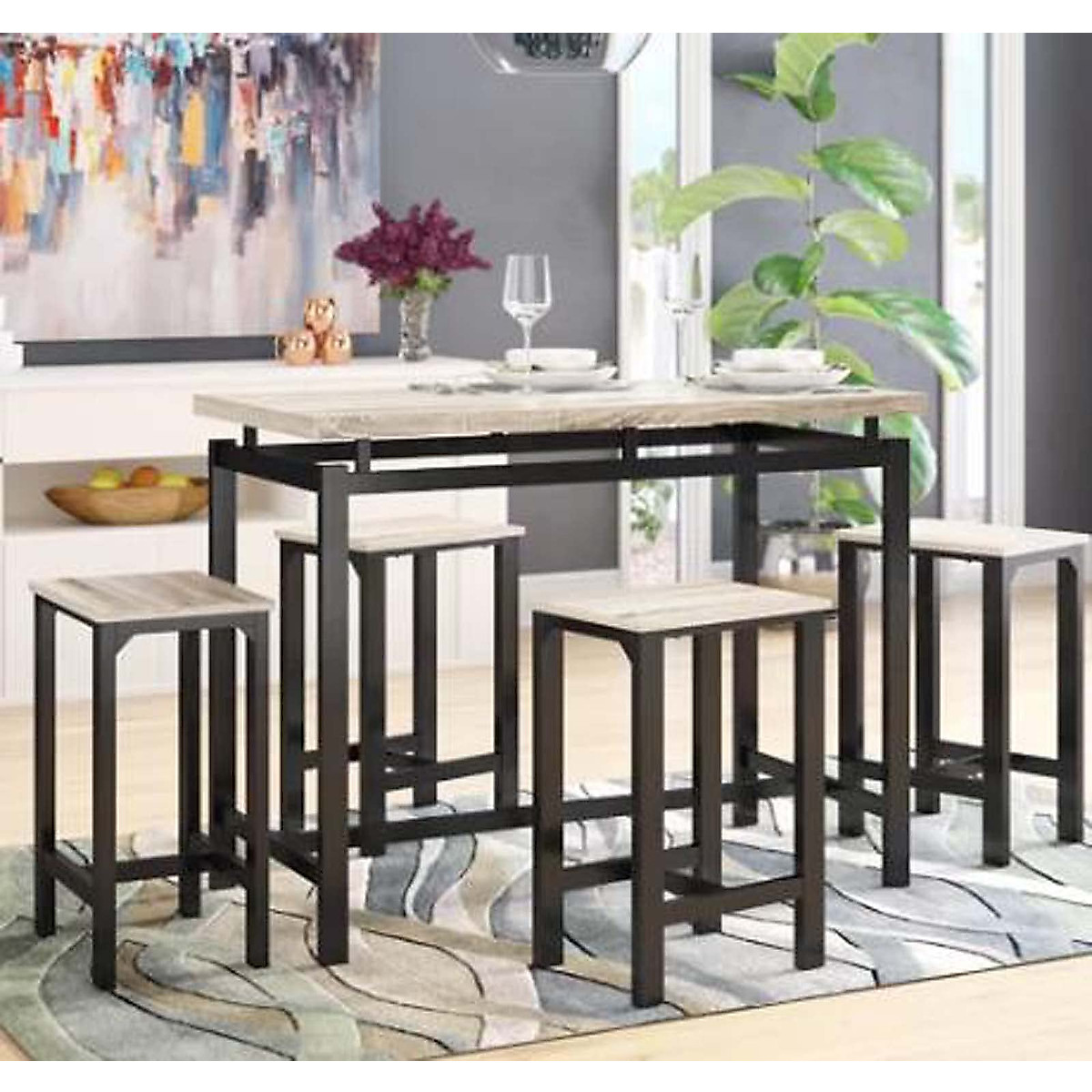OTRIEK Dining Table Set for 4, 5 Pieces Kitchen Table and Chairs for Small Spaces, Bar Table and Chairs Set, Person Counter Height Table Set with 4 Chairs for Pub Dinner Breakfast (Beige)