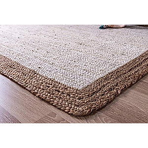 Unique Loom Braided Jute Collection Classic Quality Made Natural Hand Woven with Solid Color Detail, Area Rug, Rectangular 4' 0" x 6' 0", White/Beige