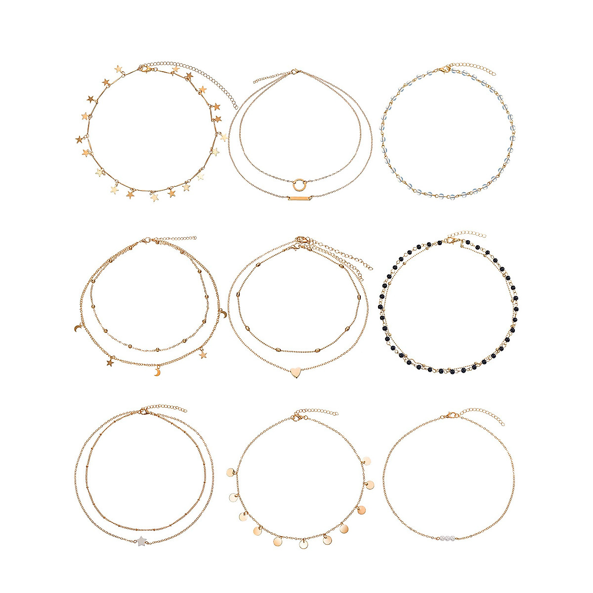 BBTO 9 Pieces Gold Layering Chain Choker Necklace Layered Pendant Statement Necklace for Women Girls (Style A)