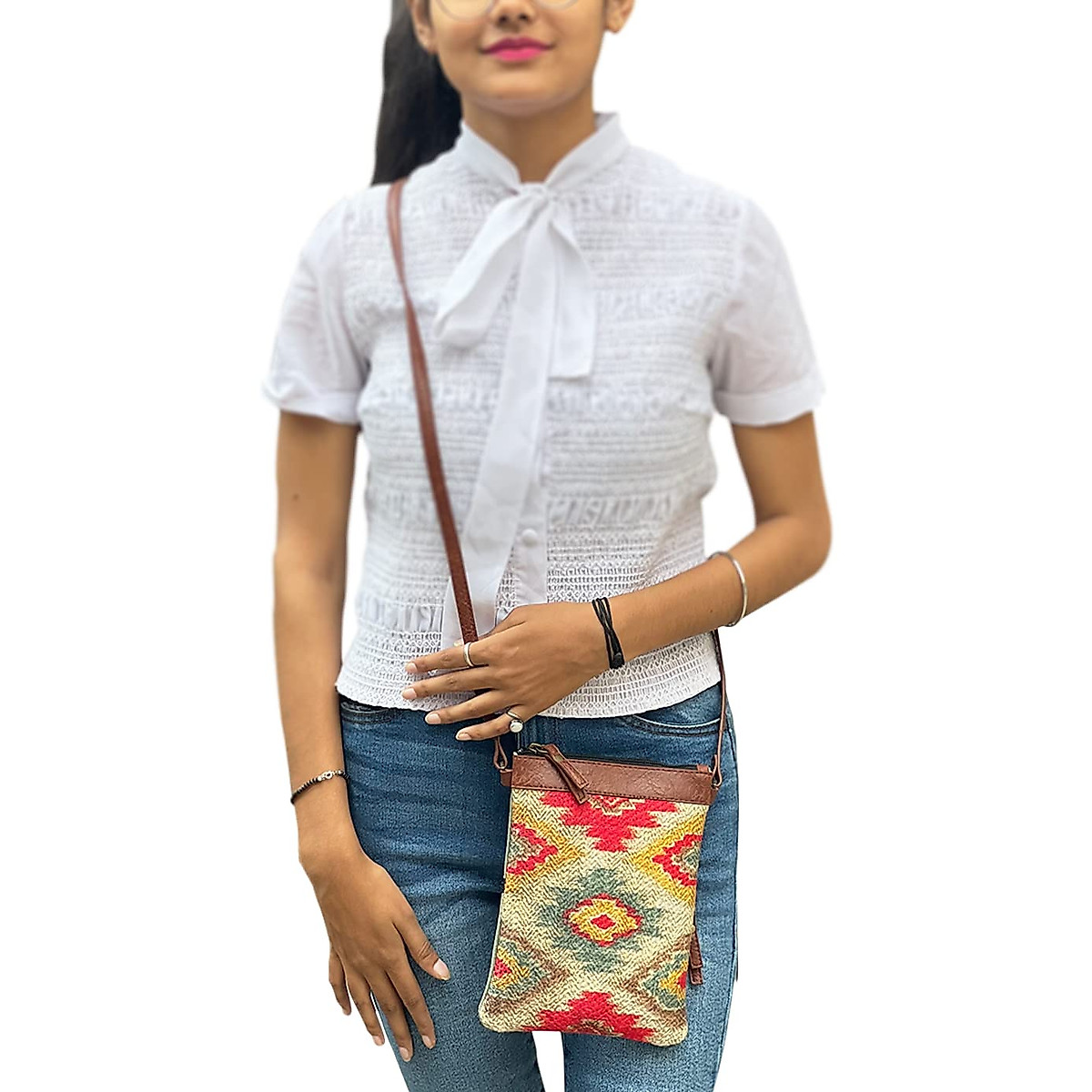 Mona B Canvas Handbag for Women | Zipper Bag | Crossbody Bag | Stylish Vintage Recycled Upcyled Bags Women (Brown-Paige)