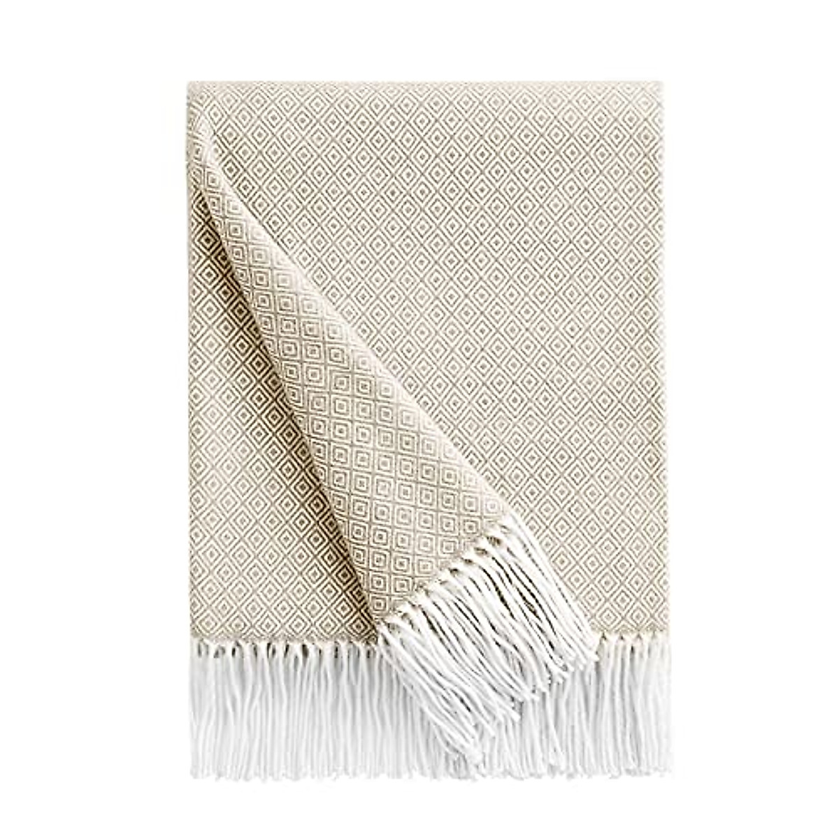 BOURINA Decorative Diamond Lattice Faux Cashmere Fringe Throw Blanket Lightweight Soft Cozy for Bed or Sofa Farmhouse Outdoor Throw Blankets, 50" x 60", Beige