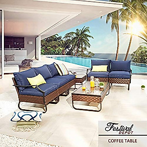 Festival Depot Patio Coffee Table Rectangle Wicker Rattan Table with Wood Grain Desktop and U Shaped Legs All Weather Outdoor Furniture for Garden Bistro 47.2"(L) x 23.6"(W) x 13.7"(H)