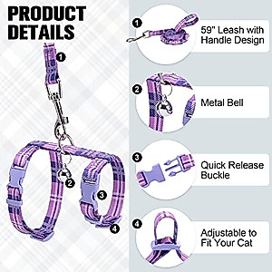 BEAUTYZOO Cat Harness and Leash Set Escape Proof for Walking, Kitten Soft Adjustable Vest Harnesses for Small Medium Large Cats, Easy Control Breathable Plaid Ribbon Nylon for Outdoor Indoor Use