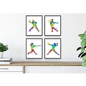 Softball Player Sport Abstract Wall Art Print 8x10, Set of 4, Includes Catcher and Pitcher, Teen Girl Bedroom Dorm Room Decor, Ideal for Teacher, Coach, Fan, Club Award Night