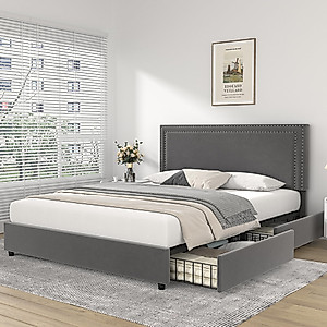 VECELO Queen Size Upholstered Platform Bed Frame with 4 Storage Drawers, Adjustable Velvet Rivets Headboard, Wooden Slats Support, No Box Spring Needed, Easy Assembly