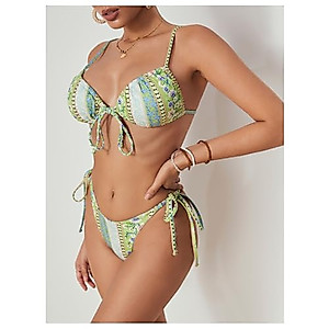 WDIRARA Women's Floral Print Tie Side Swimwear Straps Bikini Sets Swimsuits Green XS