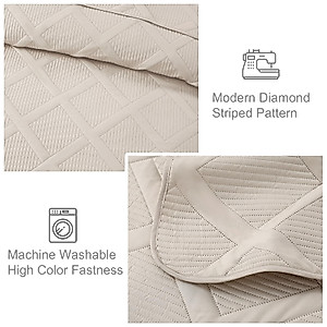 Exclusivo Mezcla Quilt Set King Size, 3 Pieces Brich Beige King Quilt Bedding Set, Lightweight Quilts Soft Bedspreads Modern Striped Coverlets for All Seasons