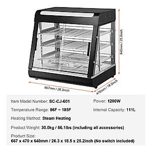 VEVOR 3-Tier Commercial Food Warmer Display, 1200W Food Display Warmer with Light, Adjustable Shelf and Temperature Display, 86℉~185℉ Steam Heating, 111L for Hamburger, Pizza, Bread, Fried Chicken