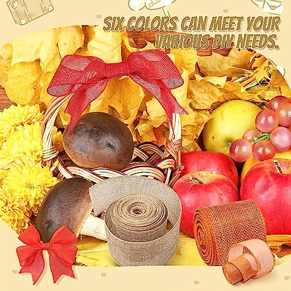 Mlurcu Fall Ribbon Burlap Wired Ribbon 2 Inch Wide Thick Solid Fabric Wire Edge Ribbon 6 Rolls 30 Yards Autumn Ribbon for Crafts Wreaths Bows Making Thanksgiving Christmas Wedding Outdoor Decorations