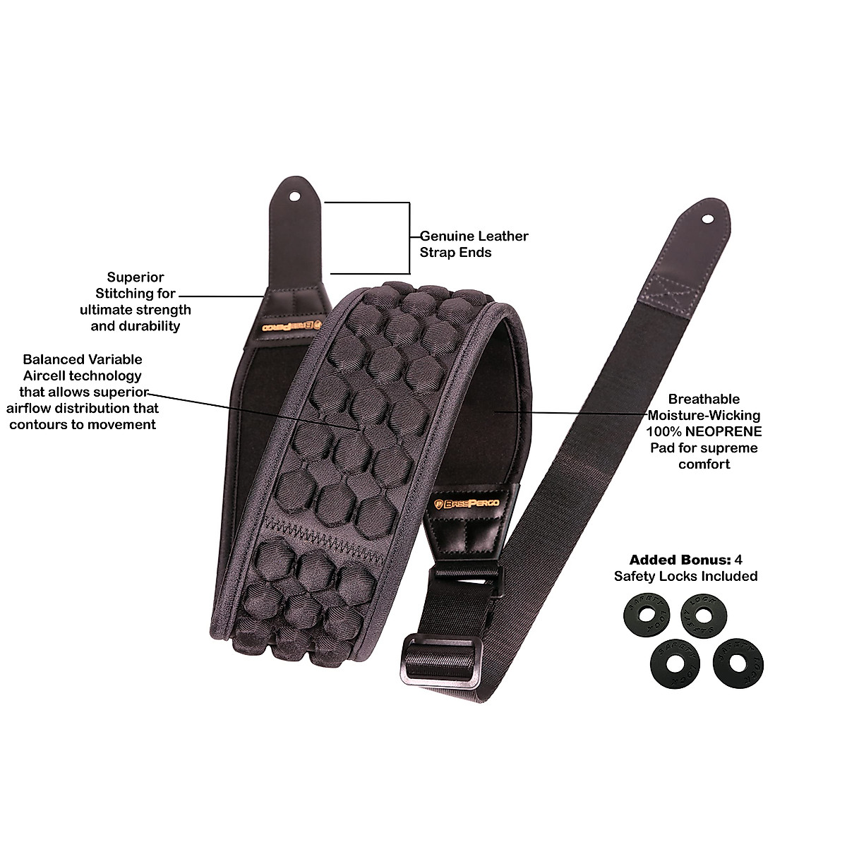 Bass Pergo AirCell Guitar Strap for Electric Guitar, Bass & Acoustic with 3.5" Wide Neoprene Pad w/ 4 Straps Locks, Adjustable Length from 47" to 55.", Black – Soft & Durable