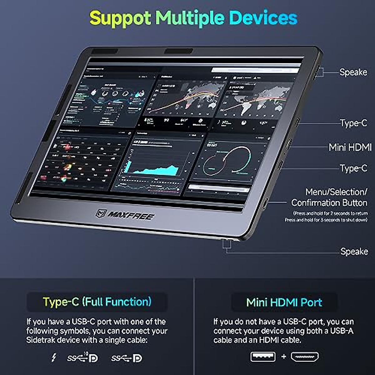 Maxfree F1 Laptop Screen Extender - 14'' Portable Monitor for Laptop with 360° Rotation Stand - Full Type-C & Mini-HD Plug & Play - Compatible with Windows, Mac, Surface, Switch - for 12-17'' Laptops