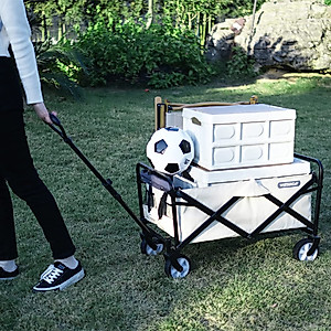 WHITSUNDAY Collapsible Folding Garden Outdoor Park Utility Wagon Picnic Camping Cart 5“ Solid Rubber Wheels (Beige, M-Foldable)