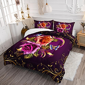 AILONEN Red Rose Comforter Set Queen Size, Gold Botanical Floral Bedding Set,Purple Hearts Comforter Set for Girls Women,Rose Butterfly Comforter and 2 Pillowcases,3 Pieces