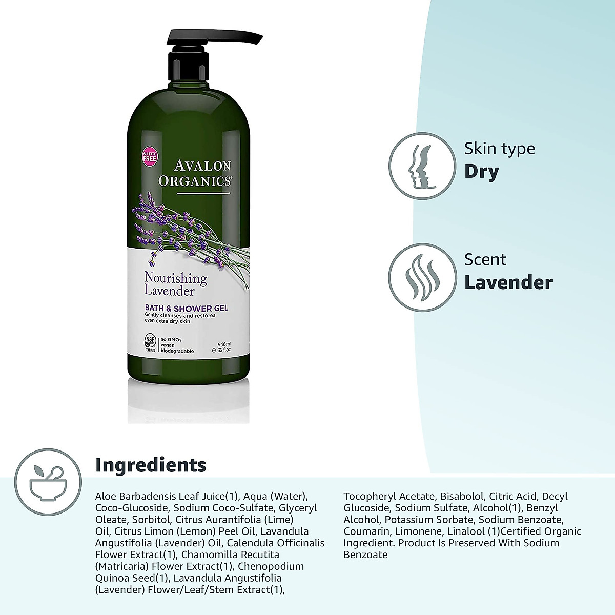 Avalon Organics Bath & Shower Gel, Nourishing Lavender, 32 Oz