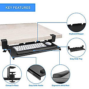 Laboratory 29 Preassembled Keyboard Tray – Adjustable Keyboard Tray Under Desk Slide Out – Easy Clamp-On Installation for Desks 33” or Wider – Wrist Rest Included (Black)