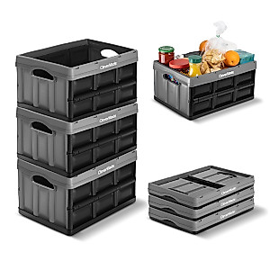 CleverMade Collapsible Storage Bin, Charcoal, 3PK - 32L (8 Gal) Stackable Storage Containers, Holds 66lbs Per Bin - Plastic Storage Bins for Organizing, Closet Storage, Garage Storage