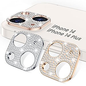 Goton Bling Metal Protector for iPhone 14 Plus & iPhone 14 Camera Lens Protector [No Glass], Glitter Diamond Lens Cover for iPhone 14 Plus & 14 Accessories Silver+Rose Gold