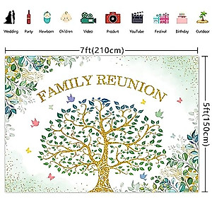 Wollmix Family Reunion Decorations Backdrop Banner Family Tree Leaves Members Welcome Signs Photography Background Gathering Gold and Green Supplies Photo Banner Booth Props 7x5ft