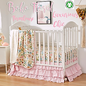 Brandream Crib Bedding Set for Girls 3 Pieces Floral Baby Nursery Bedding Set with Enchanting Blossoms Painterly Petals Leaves Design, Cotton