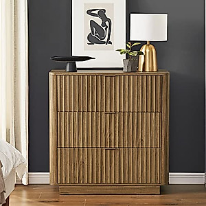 mopio Brooklyn Mid-Century Modern Dresser/Credenza, Waveform Panel with Sleek Curved Profile with Aluminum Handle 3-Drawers for Bedroom/Living Room, Sturdy Anti-Tipping Base (Natural Walnut, Dresser)