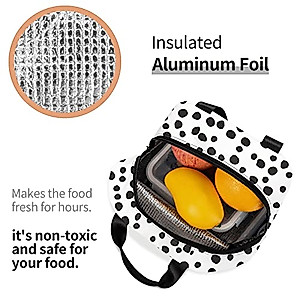 MDMEI Polka Dot Lunch Box Durable Insulated White Lunch Bag for Girls Women Reusable Leakproof Thermal Cooler Tote Black Dots LunchBox for School Office Travel Camping Picnic