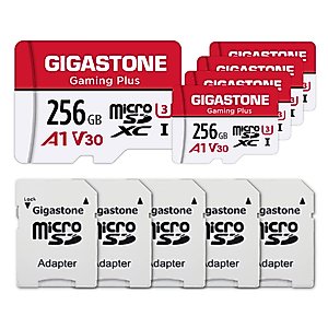 GIGASTONE 256GB 5-Pack Micro SD Card, Gaming Plus, Nintendo-Switch Compatible, R/W 100/60MB/s, 4K Video Recording, Micro SDXC UHS-I A1 U3 Class 10, with Adapters