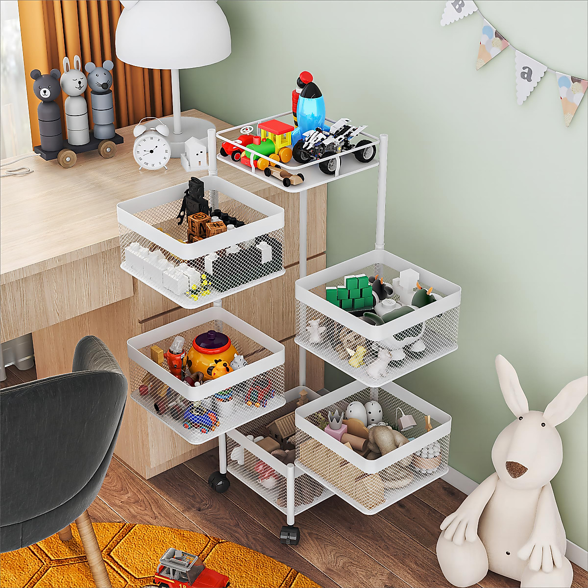 xinyourui Fruit Basket for Kitchen No Assembly,Rotating Kitchen Storage Rack,Bathroom Shelf, Organizers and Storage Cart on Rolling Wheels，Potato and Onion Storage Organizer(White, 5 Tier-Square)