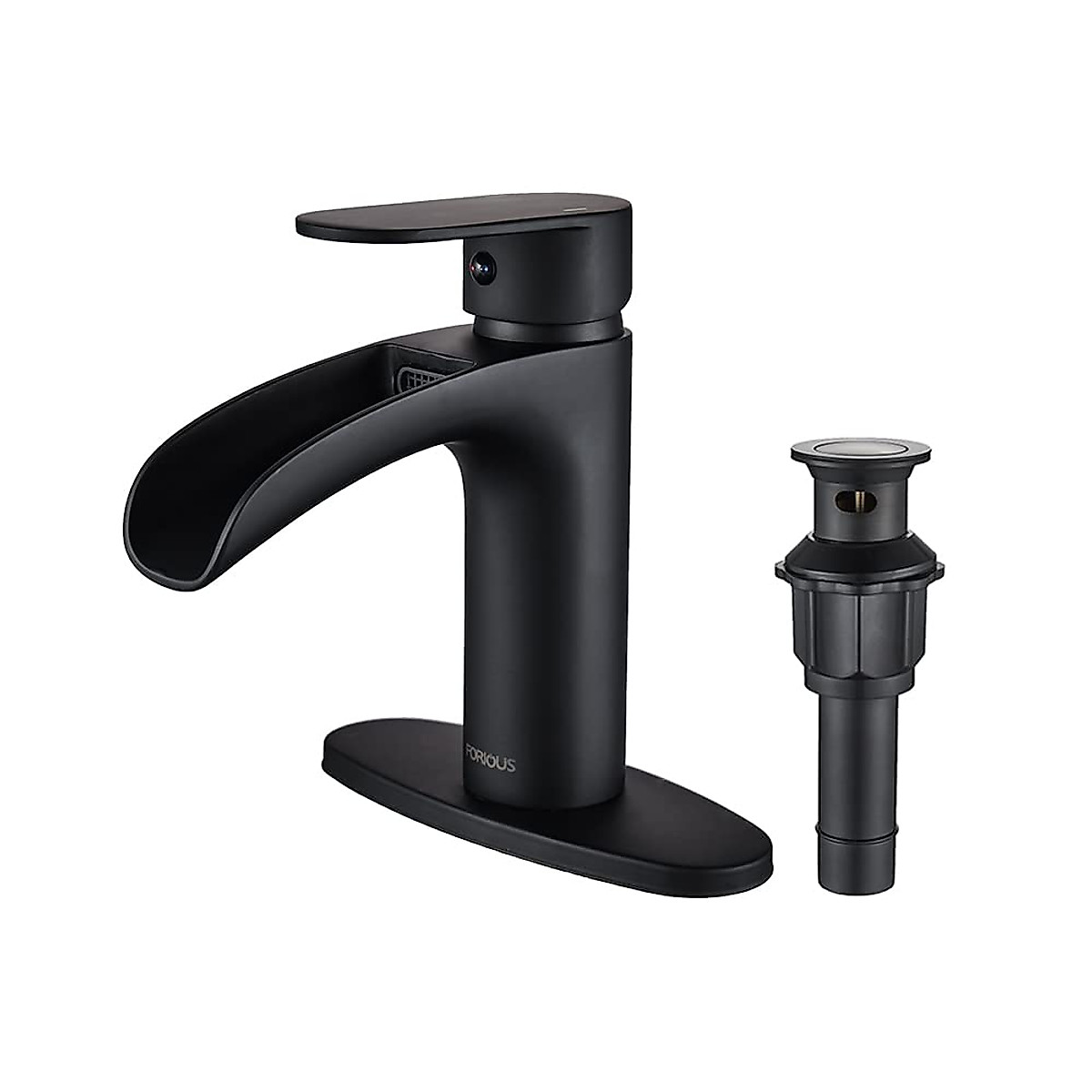 FORIOUS Matte Black Bathroom Faucet Single Handle with Metal Pop-up Drain Stopper, 6" Single Hole Waterfall Bathroom Faucet with Supply Line, RV Bathroom Sink Faucet Black, Black Lavatory Tap one Hole