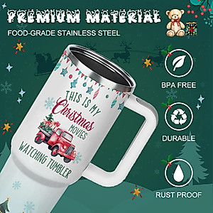 Christmas Movie 40oz Insulated Tumbler Cup With Handle and Straws - Holiday Xmas Vacation Gifts for Friends, Family, Coworkers - This Is My Christmas Movies Watching Mug