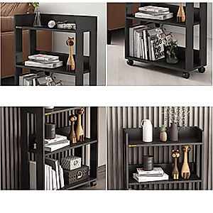 ALISENED Small Bookshelf and Bookcase, 3 Tier Wood Nightstand with Wheels, Modern Bedside End Table with Storage Rack for Bedroom, Library, Living Room, Home, Office Cart, Black