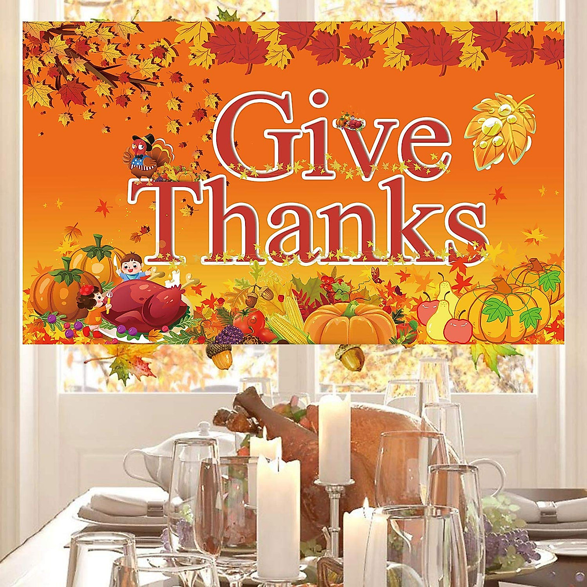 GIVE Thanks Extra Large Fabric Sign Poster Banner Backdrop for Thanksgiving Day Party Decorations with Pattern Pumpkin Maple Leaf Turkey Corn Fruit Welcome Autumn Hang Outdoor Indoor 43.3"x70.8"