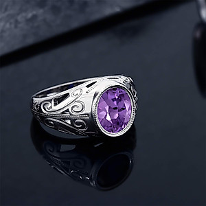 Gem Stone King 4.60 Cttw Amethyst Ring For Men In 925 Sterling Silver | Gemstone Birthstone | Oval 12X10MM | Available In Size 7,8,9,10,11,12,13