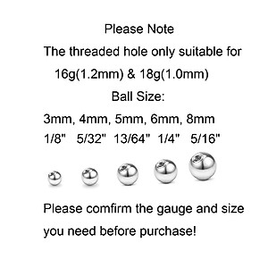QWALIT 16gauge Stainless Steel Replacement Balls for Lip Studs Labret Earrings Septum Rings Externally Threaded Plastic Balls 3mm - 8mm