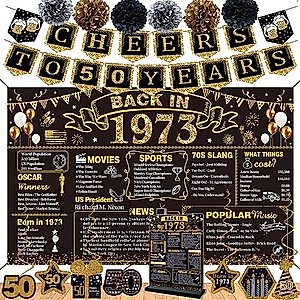 50th Birthday Decorations for Men Women,16PCS Back in 1973 Banner 50 Year Old Party Decorations,Including Vintage 1973 Banner,1973 Poster Anniversary Card,Cheers to 50 years banner,7 Hanging Swirl,6 paper Poms,50th Birthday Gifts for Men