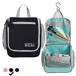 Akuzedos Travel Makeup Bag,Portable Small Toiletry Bag,Toiletry Bag with Hanging Hook, Cosmetic Bag Waterproof,Travel Mekeup Case for Girls and Women Makeup Organizer,Men toiletry Bag(Black)