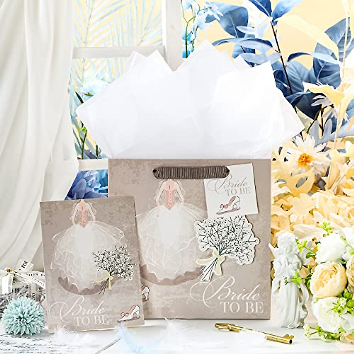 MAYPLUSS 10" Medium Gift Bag with Greeting Card and Tissue Paper for Wedding, Anniversary, Bridal Shower -Bride to Be,Wedding Design Dresses