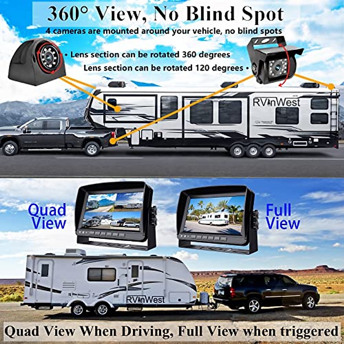 Backup Camera System with 9'' 1080P Monitor for RV Semi Box Truck Trailer Camper, 4 Split Screen Quad View HD DVR Record Monitor + IP69 Waterproof Night Vision Rear Side View Camera Avoid Blind Spot