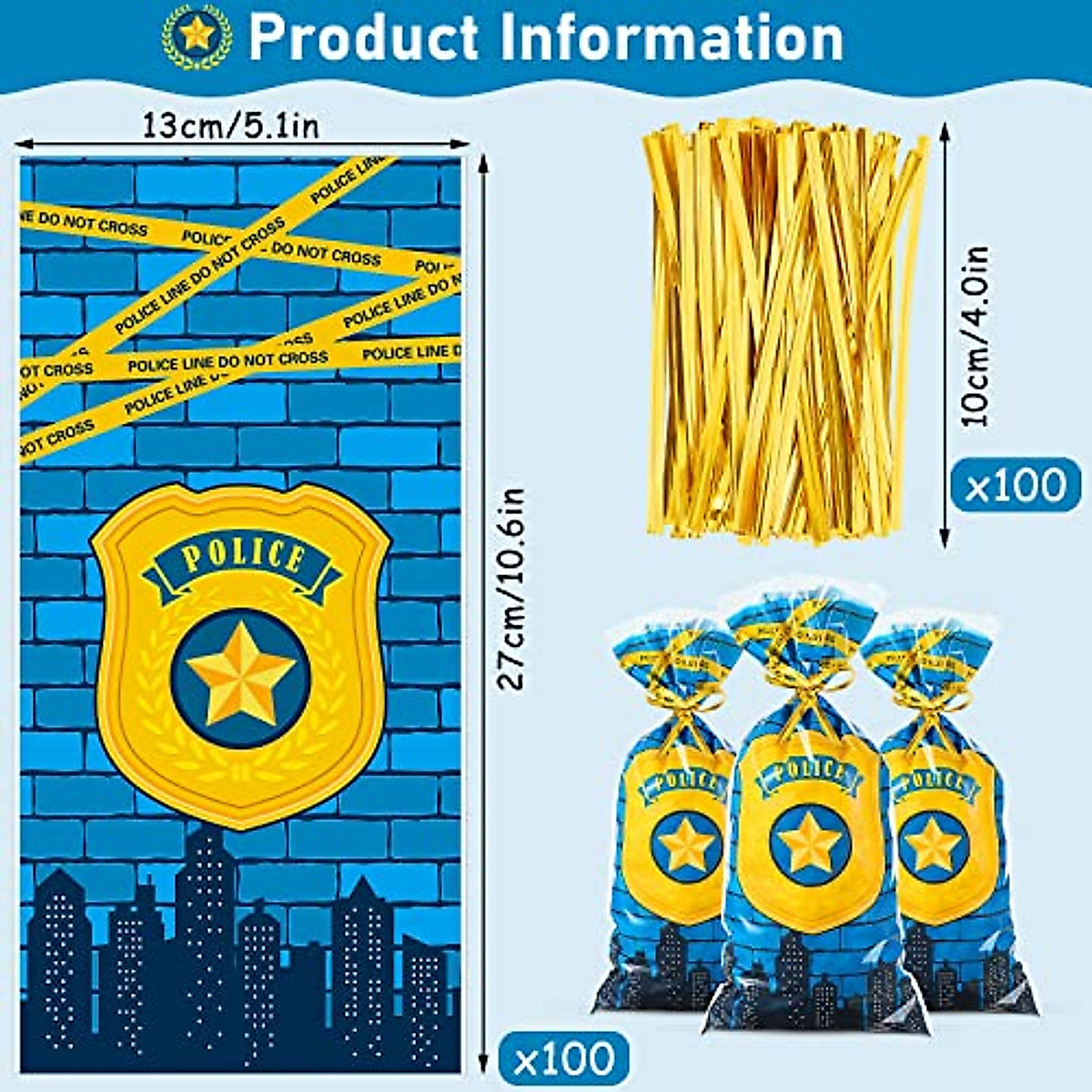 100 Pcs Police Party Cellophane Bags Police Party Favor Bags Police Gift Bag Police Candy Bag Police Goodie Bags Blue Cello Bags Treat Bag with 100 Sliver Twist Ties for Cop Birthday Party Supplies