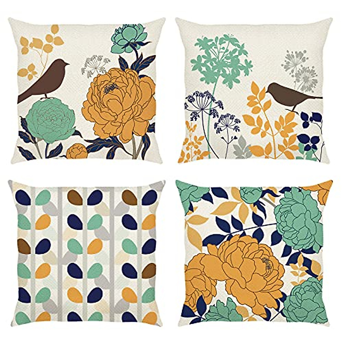 Bonhause Flower Bird Spring Throw Pillow Covers 18 x 18 Inch Set of 4 Blue and Yellow Floral Decorative Pillows Case Polyester Linen Outdoor Cushion Covers for Sofa Couch Garden Home Decor