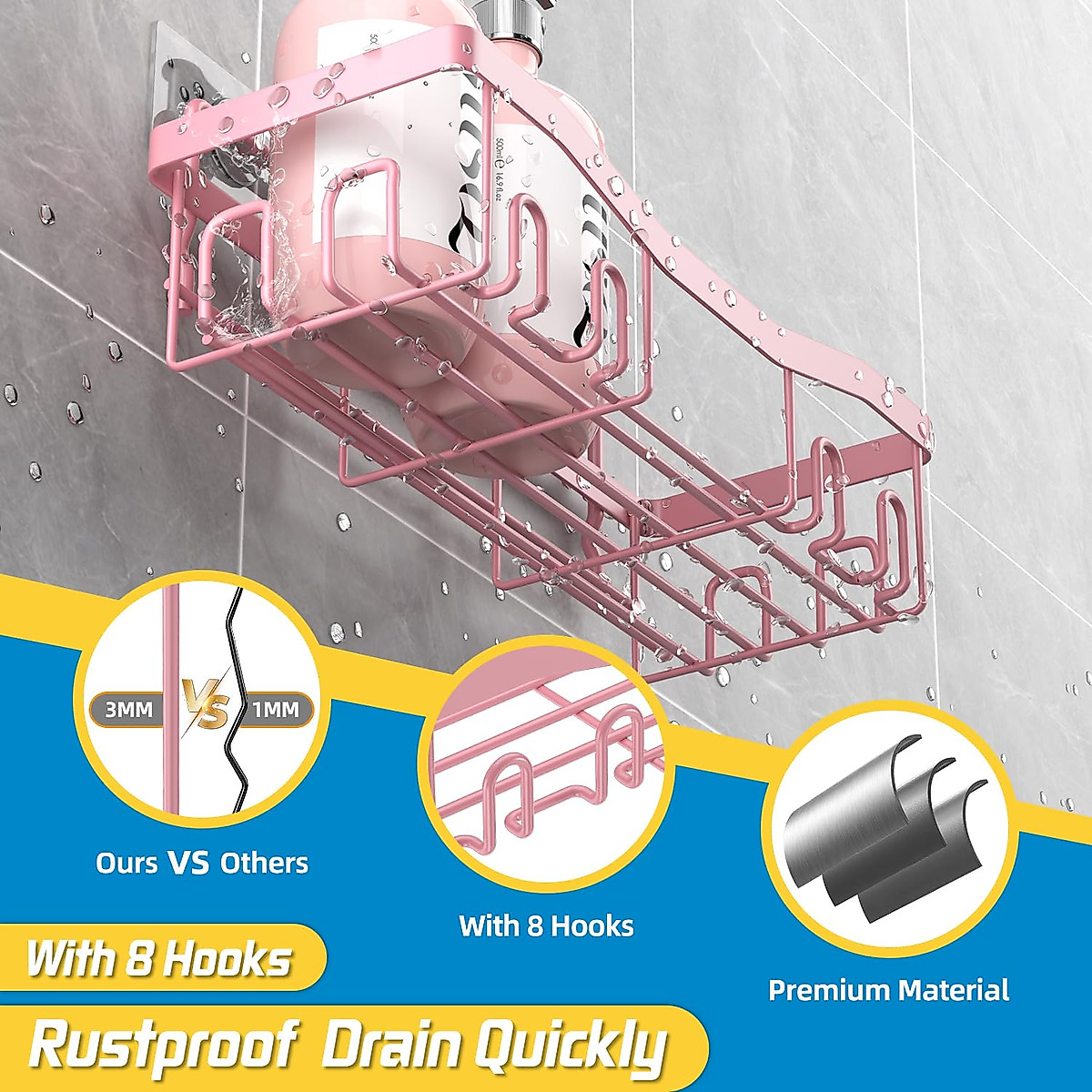 Youvip Pink Shower Caddy, Shower Organizers [5-Pack], Rustproof Bathroom Shower Shelves for Inside Shower, Adhesive Shower Caddy with Soap Caddy & Toothbrush Holder No Drilling