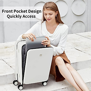 Hanke 20 Inch Carry On Luggage with Wheels PC Hard Shell Suitcases Lightweight Front Opening Tsa Luggage Travel Suitcase Woman Men(Smoke White)